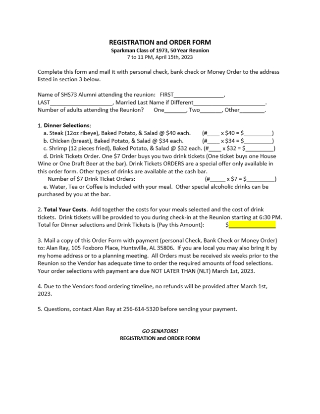 Reunion Registration/Order Form